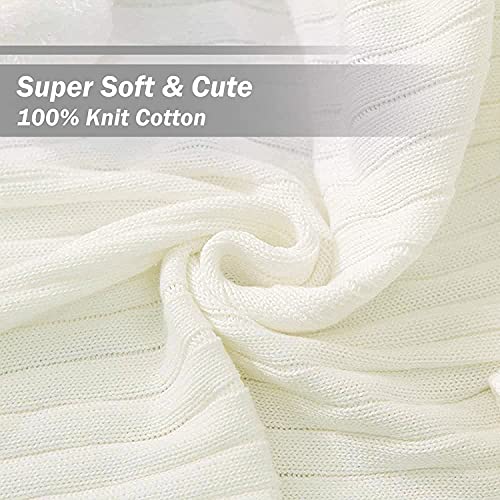 Fomoom Pom Pom Throw Blanket, Knit Blanket with Pompom Tassels, Decorative Cotton Blanket for Easter Gift, Lightweight Pom Poms Knitted Blanket (Off-White, 39"x59")