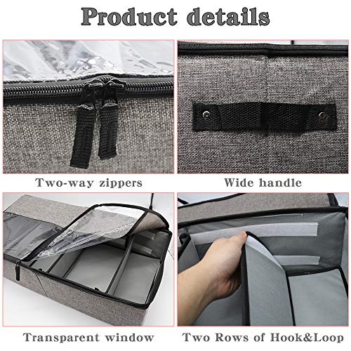 Cosaving Under Bed Storage Bag, Underbed Clothes Storage Organizer, Shoe Storage Container Durable with Adjustable Dividers, Clear Window, Zippers, Handle for Blankets Dorm Closet, Grey
