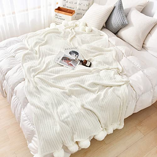 Fomoom Pom Pom Throw Blanket, Knit Blanket with Pompom Tassels, Decorative Cotton Blanket for Easter Gift, Lightweight Pom Poms Knitted Blanket (Off-White, 39"x59")