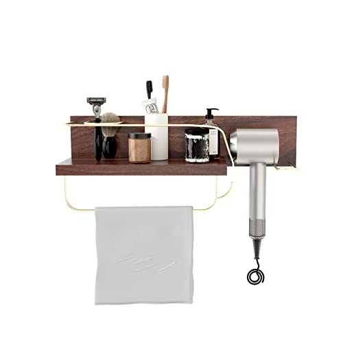 WELLANDÂ Wooden Hair Dryer Shelf Hanging Rack Wall Mount Bathroom Organizer with Hair Dryer Holder Wall