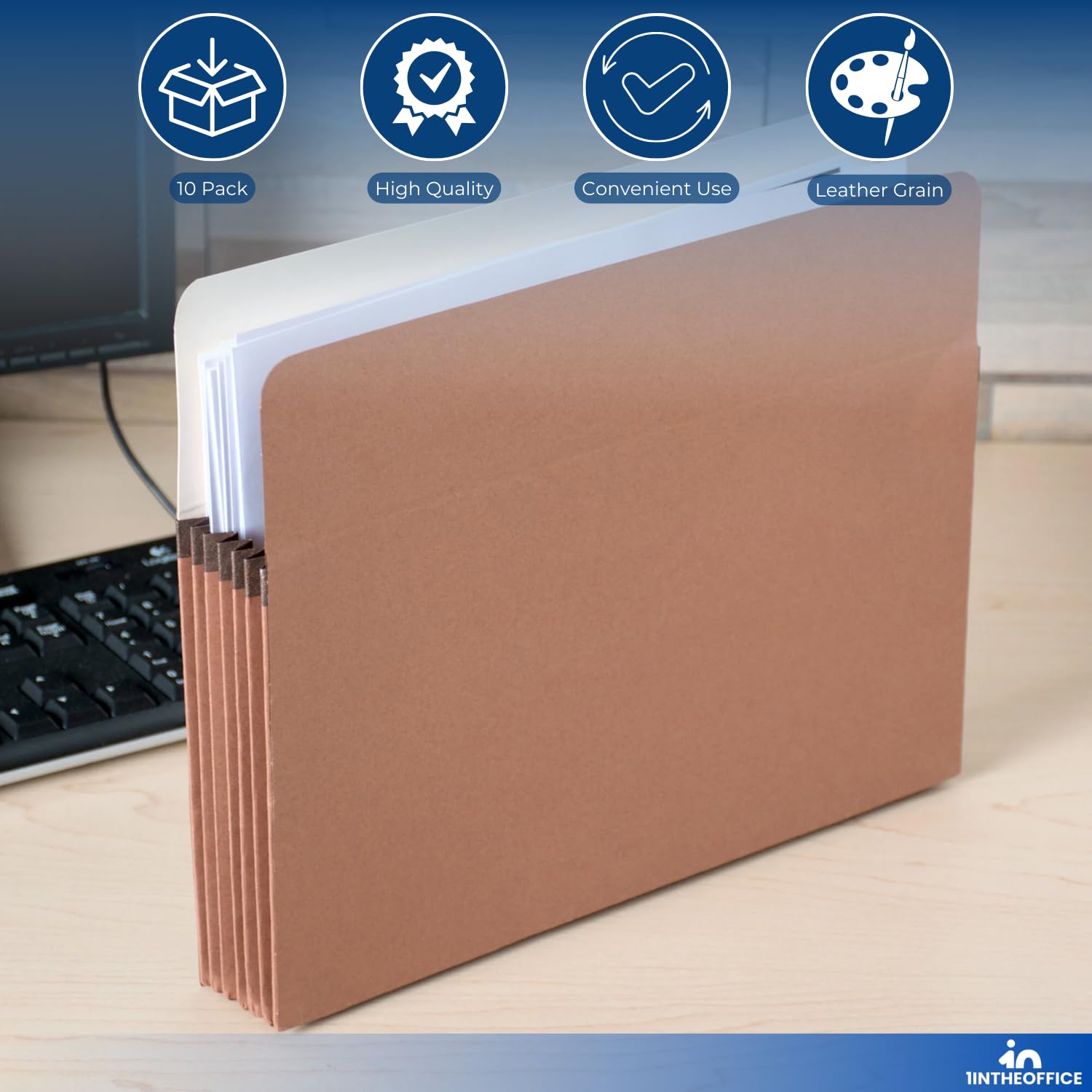 1InTheOffice Expanding File Pockets, Accordion File Organizer, Letter Size, Brown Redrope, 8 1/2" x 11", 1200 Sheet Capacity, 5 1/4", 10 Pack