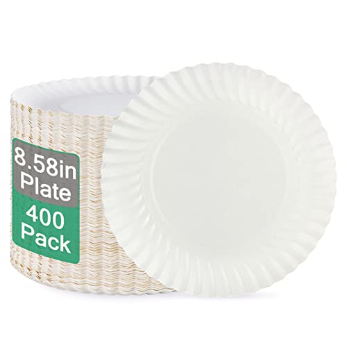 JOLLY PARTY 8.5 inch Round Dinner Plates - 400 Count Everyday Disposable, Light Weight White Paper Plates for Home and Office