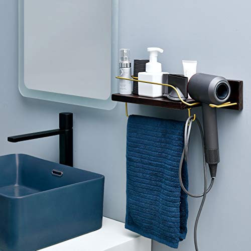 WELLANDÂ Wooden Hair Dryer Shelf Hanging Rack Wall Mount Bathroom Organizer with Hair Dryer Holder Wall