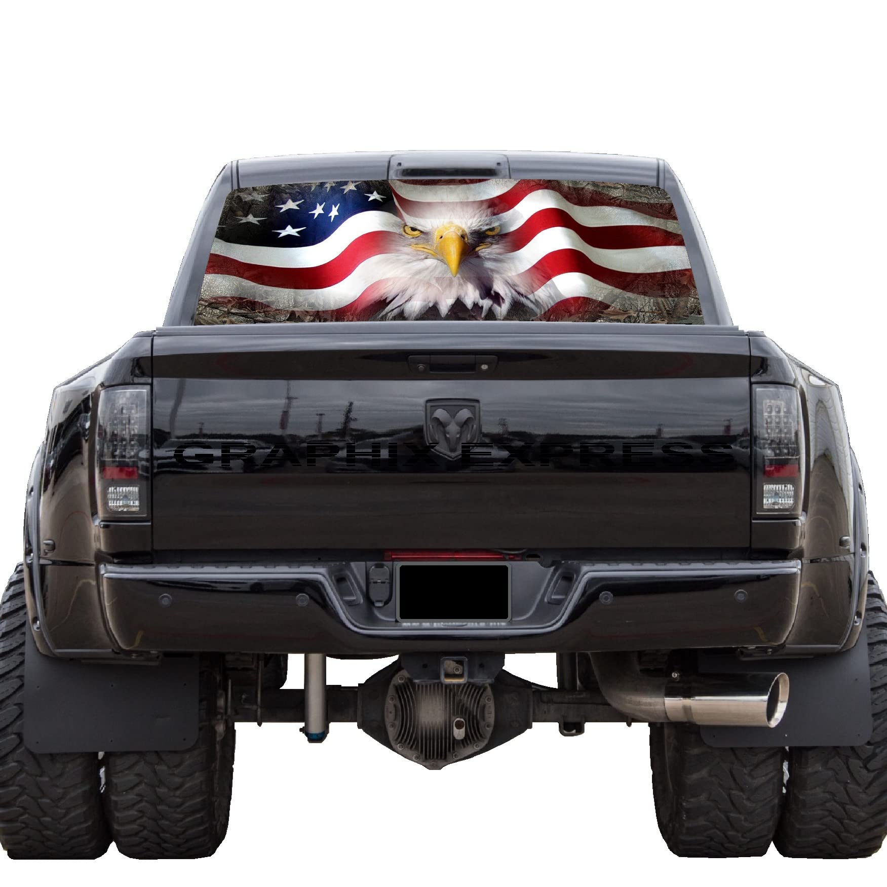 GRAPHIX EXPRESS Truck Back Window Graphics - Bald Eagle American Flag Decal (P534) - USA Flag with Eagle - Universal See Through Rear Window Vinyl Wrap - Full Window Decals for Trucks