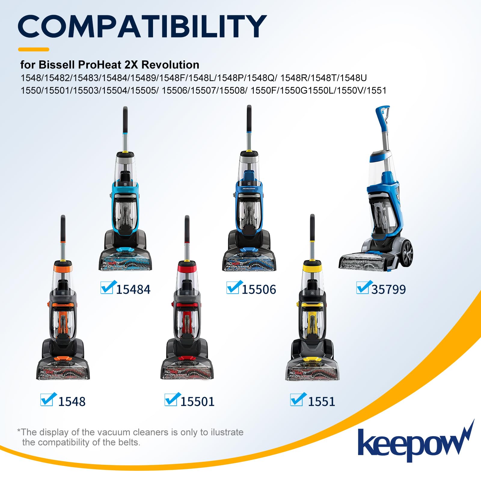 KEEPOW Replacement Belt Set Compatible with Bissell ProHeat 2X Revolution Models 1548 1550 1551 35799 Compare to Parts #1606418 & 1606419 & 1606428 6 Pack