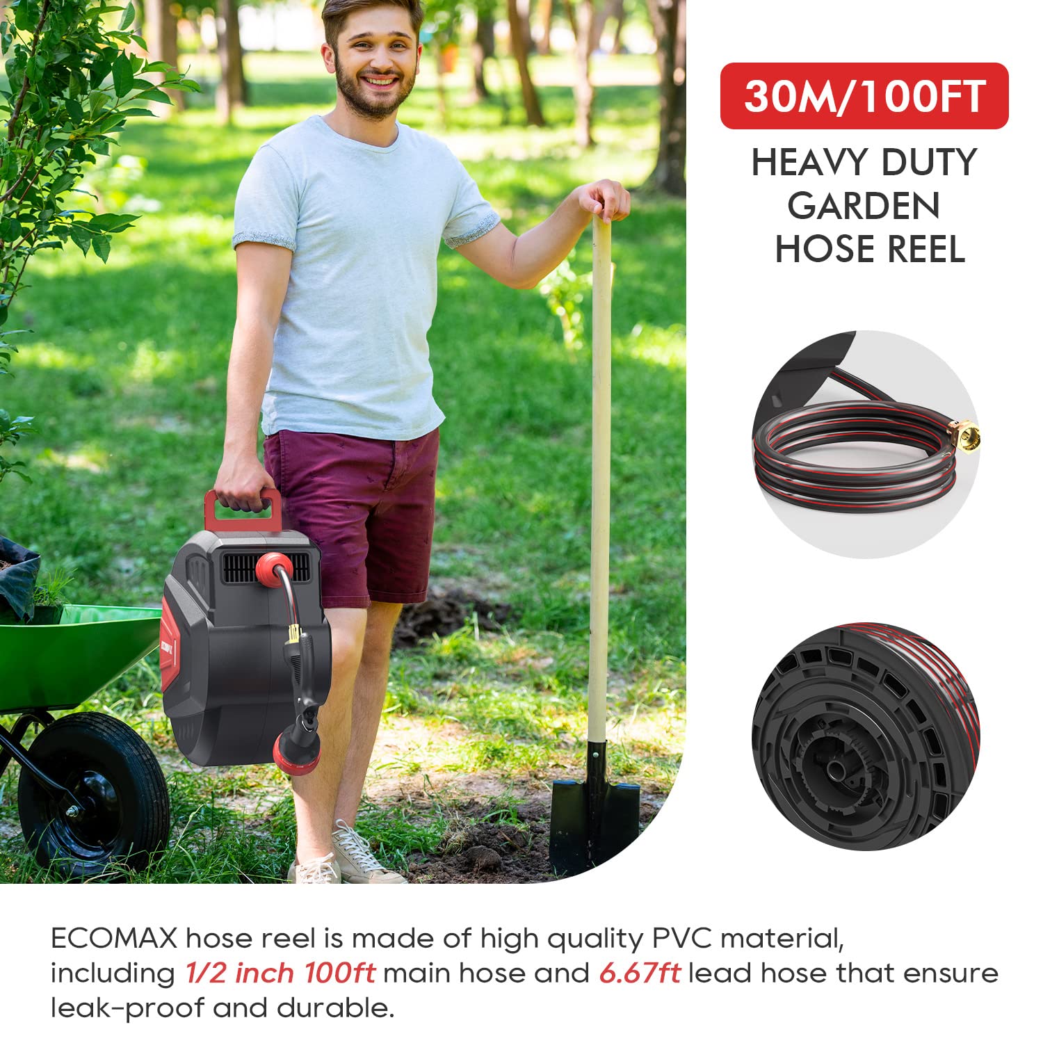 Ecomax ELG01 1/2in. x 100ft Garden Hose Reel, Retractable Reel Storage with Any Length Lock, Slow Return System, 9 Patterns Adjustable, Wall-mounted & 180° Swivel Bracket for Watering, Black & Red