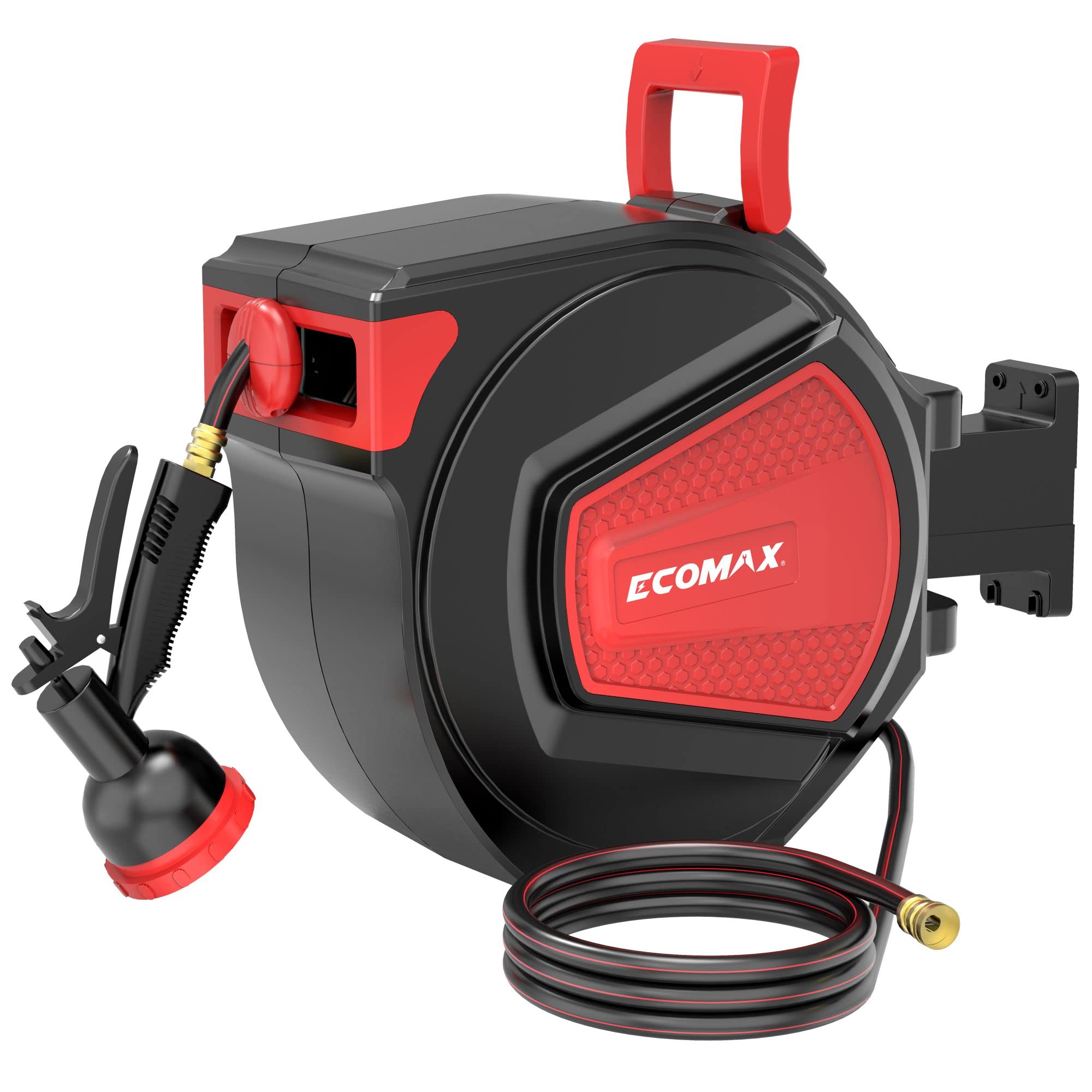 ECOMAX ELG09 1/2in. x 100ft Retractable Garden Hose Reel, Heavy Duty Water Hose Reels, Any Length Lock, Slow Return System, 8 Pattern Hose Nozzle, Wall-mounted & 180° Swivel Bracket, Black & Red