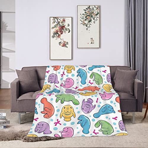 Cute Manatee Colorful Pattern Blanket Throw Blanket Soft Warm Lightweight Cozy Plush Blanket for Bedroom Living Rooms Sofa Couch Bed Gifts 50"X40"