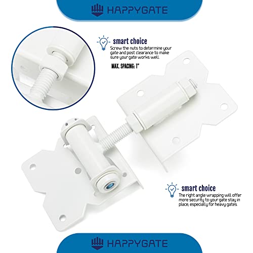 Heavy Duty Self Closing Gate Hinges Hardware Kit for Wooden Vinyl Fence 90 Degree Adjustable Gate Hinges Hardware Kit for Metal Gates with 22 Durable Screws and Swing Adjuster Tool, 2 Pack, White