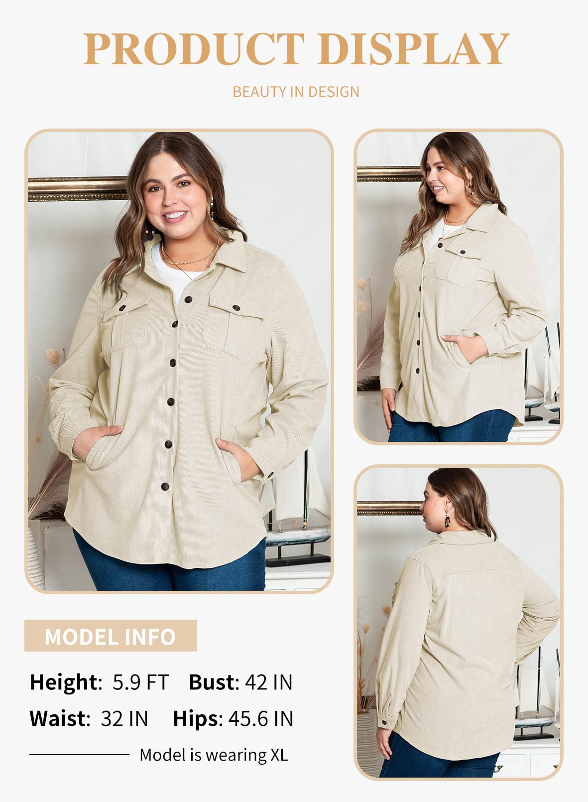 Eytino Womens Plus Size Shacket Jacket Oversize Long Sleeve Button Down Corduroy Boyfriend Shirts,4X Apricot
