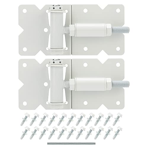 Heavy Duty Self Closing Gate Hinges Hardware Kit for Wooden Vinyl Fence 90 Degree Adjustable Gate Hinges Hardware Kit for Metal Gates with 22 Durable Screws and Swing Adjuster Tool, 2 Pack, White