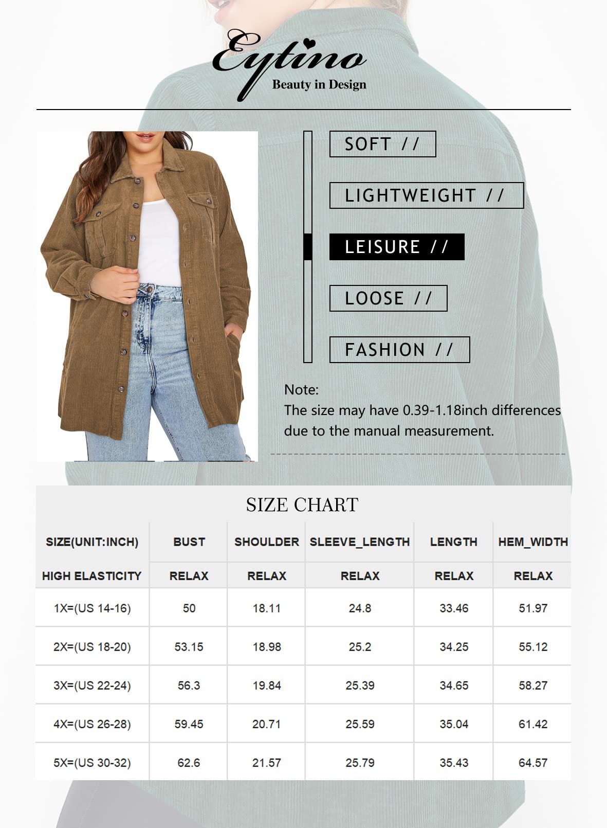 Eytino Womens Plus Size Shacket Jacket Oversize Long Sleeve Button Down Corduroy Boyfriend Shirts,4X Apricot