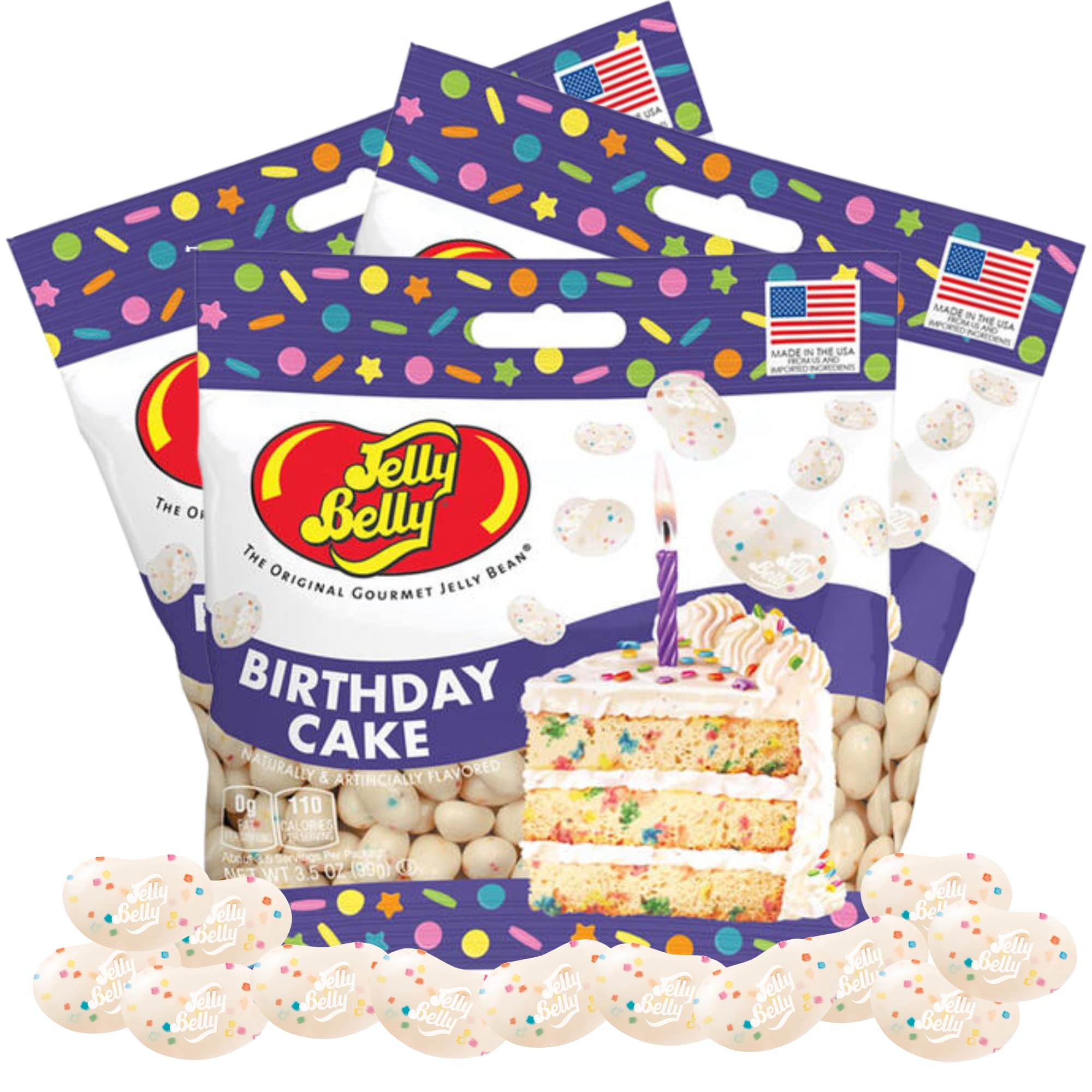 Needzo Birthday Cake Flavored Jelly Beans, Celebration Kit Gourmet Chewy Candy for Boys or Girls, Shareable Bagged Candies, Pack of 3, 3.5 Ounces