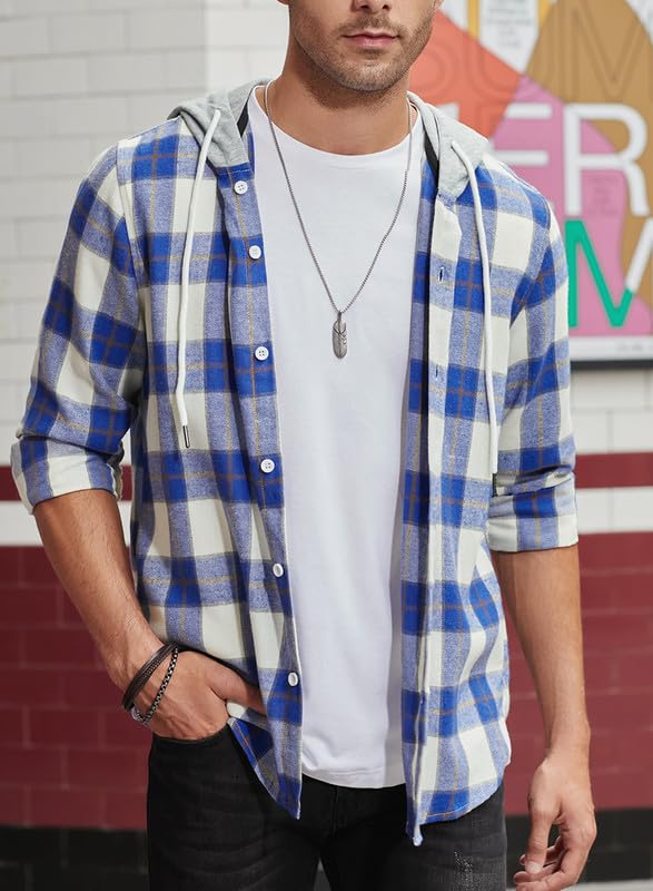 JMIERR Mens Flannel Hoodie Plaid Shirt Jackets Casual Button Down Long Sleeve Lightweight Shirts,US 46 (XL),0Sky Blue