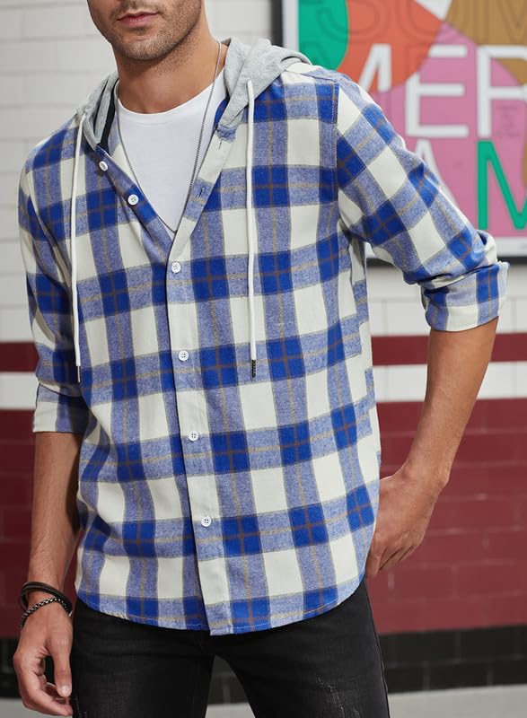JMIERR Mens Flannel Hoodie Plaid Shirt Jackets Casual Button Down Long Sleeve Lightweight Shirts,US 46 (XL),0Sky Blue