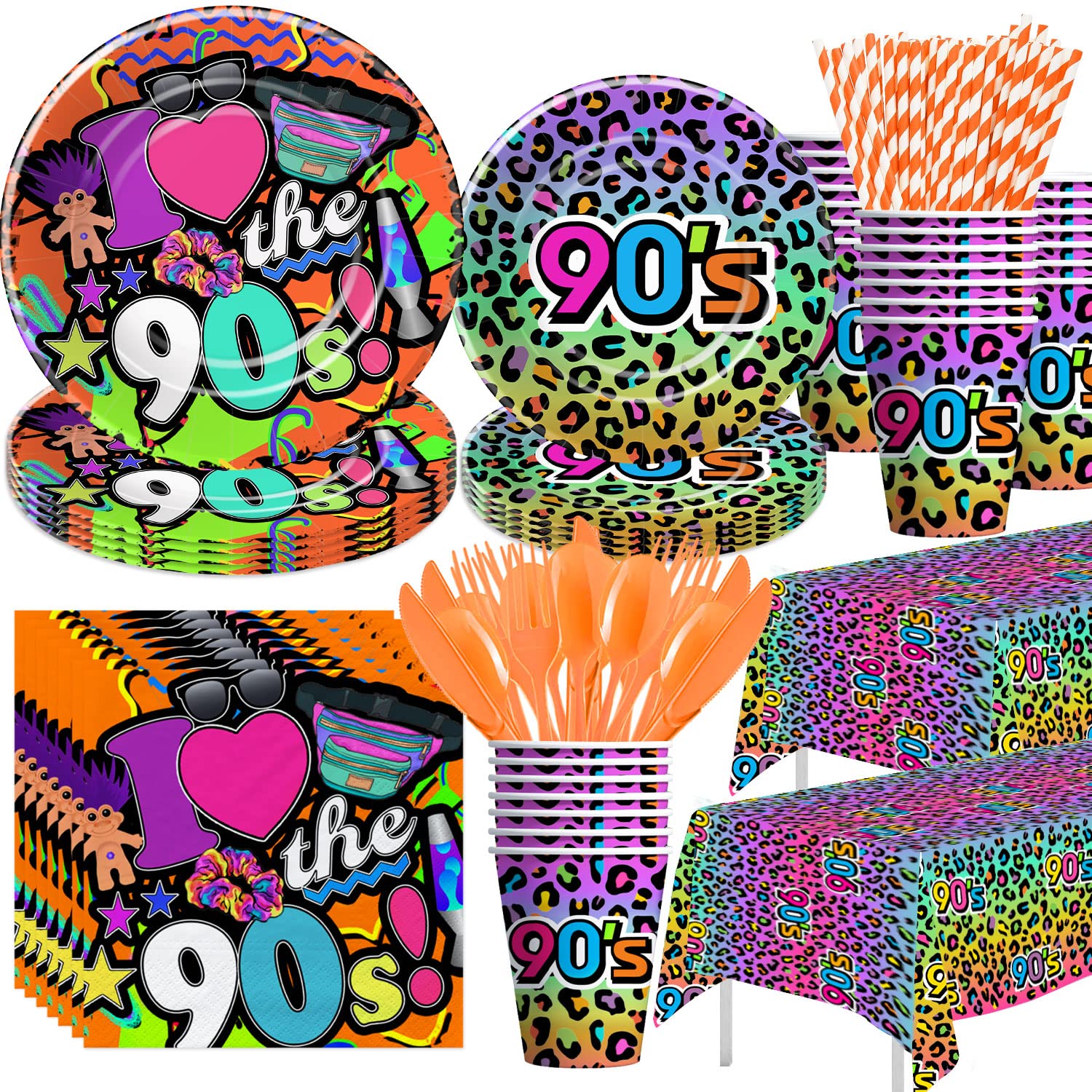 HIPVVILD 90's Party Decorations Tableware - 90s Theme Birthday Party Supplies Include Paper Plate, Cups, Napkins, Tablecloth, Cutlery, Straw, 90s Theme Birthday Party Decorations Dinnerware | Serve 24