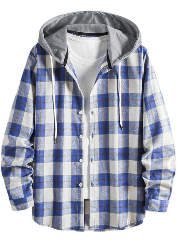 JMIERR Mens Flannel Hoodie Plaid Shirt Jackets Casual Button Down Long Sleeve Lightweight Shirts,US 46 (XL),0Sky Blue