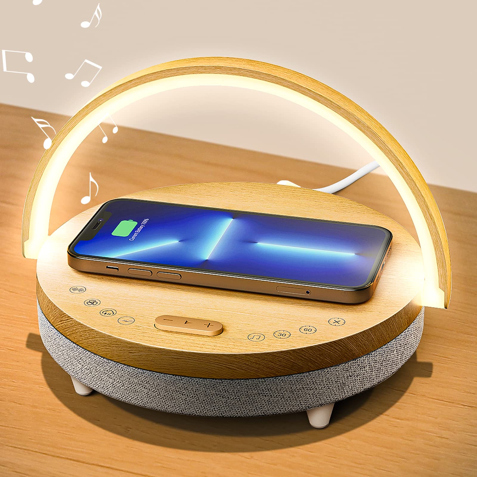 Vivilumens Bedside Table LED Night Light with Wireless Charger and Bluetooth Speaker, Desk Lamp As Sleep Aid White Noise Machine and Phone Holder, Great Birthday Gifts for Girlfriend, Women, Mom, Men