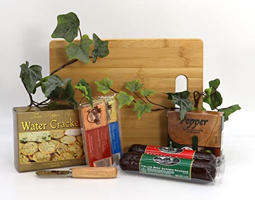 Gift Basket Village Board Of Directors Meat & Cheese Gift Arranged On Durable Bamboo Cutting Board With Sausage, Cheese and Crackers & A Spreader, Small, 8 Piece Set