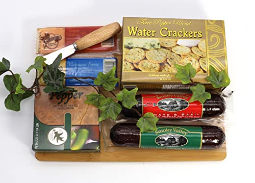 Gift Basket Village Board Of Directors Meat & Cheese Gift Arranged On Durable Bamboo Cutting Board With Sausage, Cheese and Crackers & A Spreader, Small, 8 Piece Set