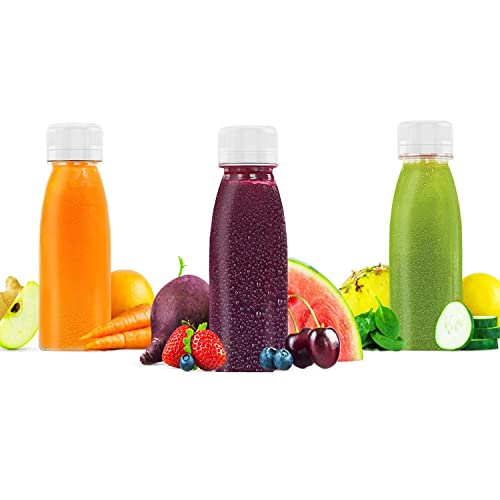BallHull 4 OZ Plastic Juice Bottles with White lid, Reusable Clear Bulk Beverage Containers for Juice, Milk and Other Homemade Beverages, 6 Pcs.