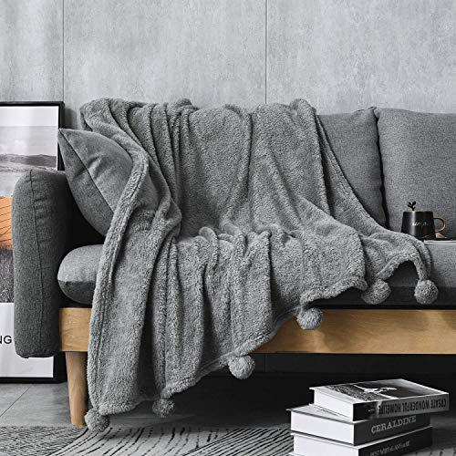 I' HERMU Plush Throw Blanket for Couch (Large 51โโx 63โโ, Grey with Pom Poms Fringe) Fuzzy Fluffy Plush Soft Cozy Warm Fleece Throw for Bed, Sofa