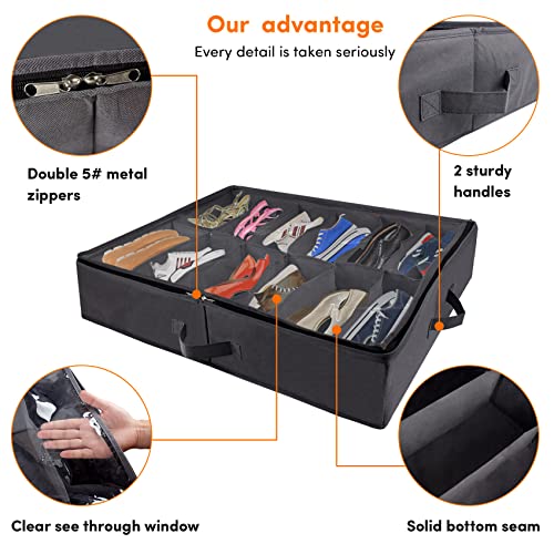 ORLANG Under Bed Shoe Storage Set of 2, Shoe Organizer Under Bed Fits 24 Pairs,Underbed Shoe Storage with Clear Window and 2 Sturdy Handles and Sturdy Zipper,breathable Materials (Grey)