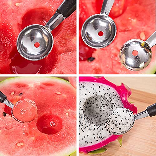 Double-Sided Fruit Melon Baller Spoon, 2 in 1 Stainless Steel Melon Ballers Melon Scoop for Watermelon Cantaloupe Ice Cream,18cm, Black/Silver