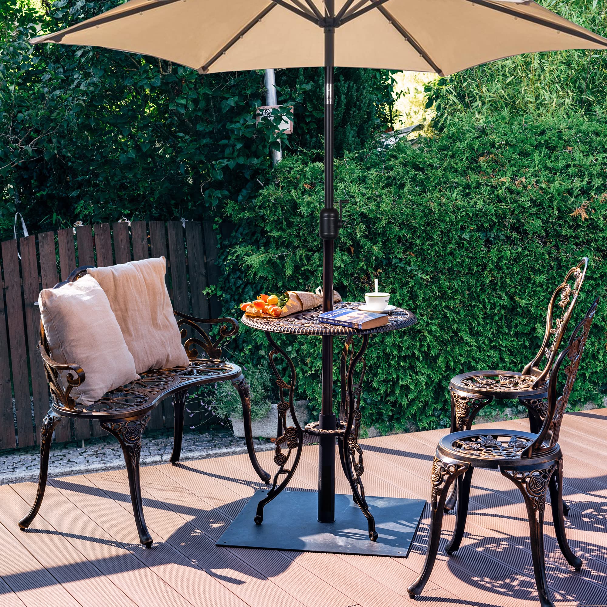 Sundale Outdoor 4 Piece Bistro Set, Cast Aluminum Umbrella Table Chair Loveseat Furniture All Weather Resistant Antique Finish Patio Conversation Set for Balcony Porch Yard Bronze Rose