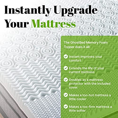 GhostBed 3 Inch Cooling Gel Memory Foam Mattress Topper - Waterproof Cover, Protector & Topper in One, Queen