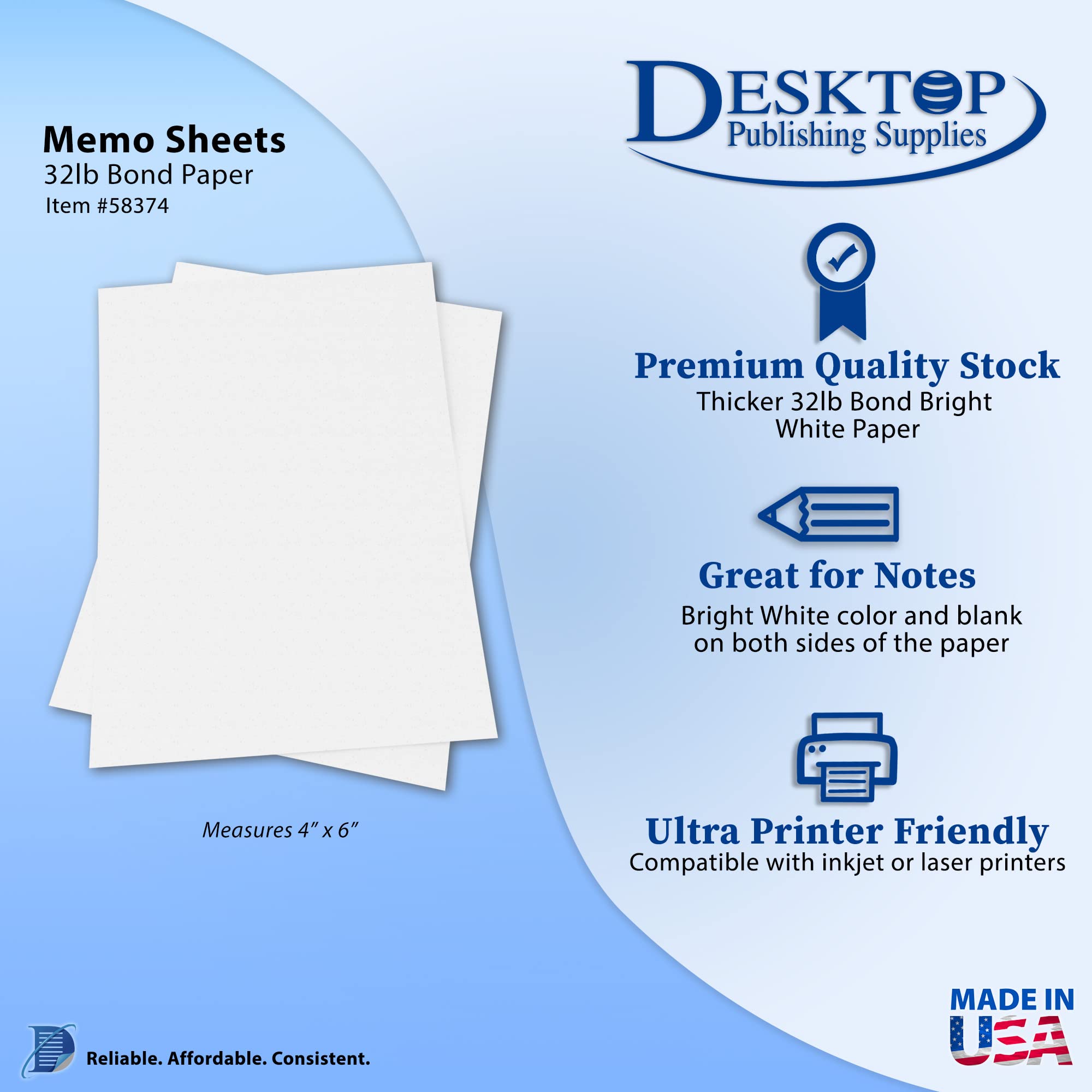 Premium Weight 32lb Bond White 4" x 6" Sheets - Note Paper Memo Sheets (100 Sheets)