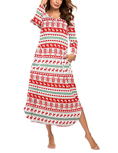 Ekouaer Women's Nightgown V-Neck Loungewear Long Sleeve Sleepwear Full Length Nightgown for Women S-4XL