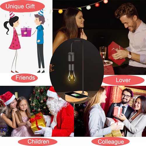 FloatGo Levitating Bulb Lamp with Wireless Phone Charger Apple Android Magnetic Floating Futuristic Lamp Black LED Night Light Desk Lamp for Christmas Gift Home Move in Decoration