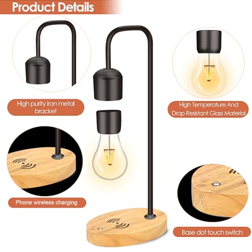 FloatGo Levitating Bulb Lamp with Wireless Phone Charger Apple Android Magnetic Floating Futuristic Lamp Black LED Night Light Desk Lamp for Christmas Gift Home Move in Decoration