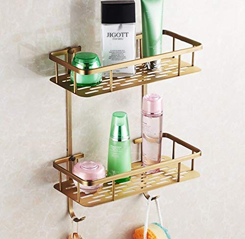 LUDSUY Bathroom Accessories,Wall Mounted Strong Brass Antique Shower Shampoo Shelf Basket HolderâFashion Bathroom Dual Shelf
