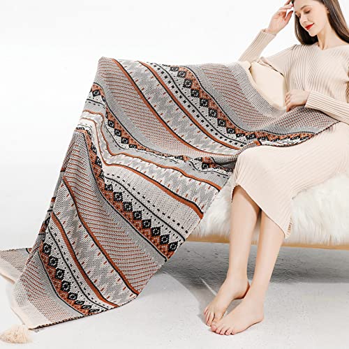SahSahCasa Bohemian Knitted Throw Blanket wiz Tassels, Brown Throw Blanket for Sofa, Couch, Bed, Camping, Bohemian Decor for Room, Bedroom, Living Room