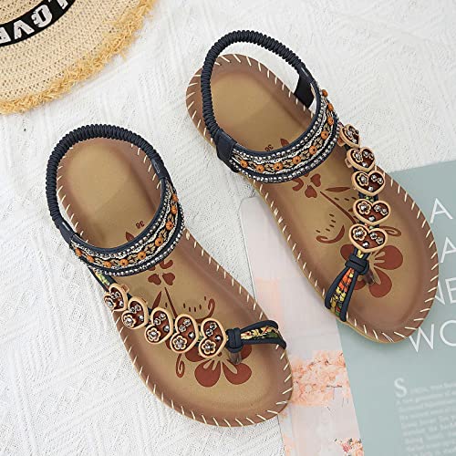 Summer Fashion Women Casual Open Toe Flat Love Rhinestone Comfortable Soft Bottom Size 11 Sandals Women Wide Width (Blue, 6.5)