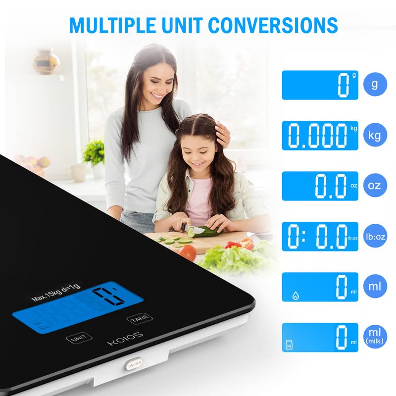 KOIOS Food Scale, 33lb/15Kg Digital Kitchen Scale for Food Ounces and Grams Cooking Baking, 1g/0.1oz Precise Graduation, Waterproof Tempered Glass, USB Rechargeable, 6 Weight Units, Tare Function