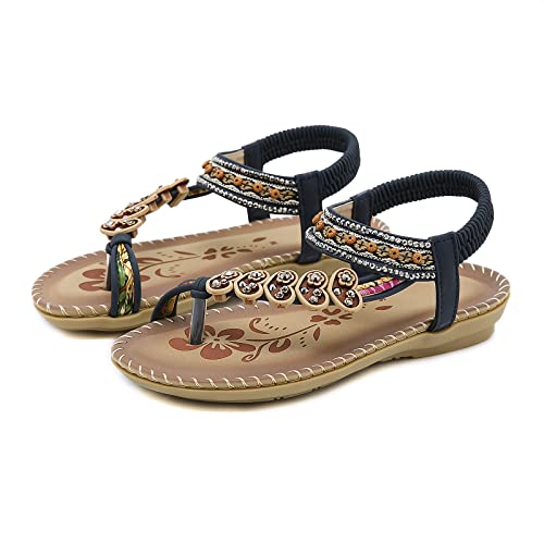 Summer Fashion Women Casual Open Toe Flat Love Rhinestone Comfortable Soft Bottom Size 11 Sandals Women Wide Width (Blue, 6.5)
