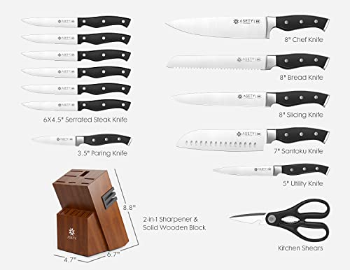 ASETY Kitchen Knife Set with Block, NSF Certified 15 PCS Professional Chef Knife Set with Knife Sharpener, German Stainless Steel Full Tang Knife Block Set, Gift for Men I Women