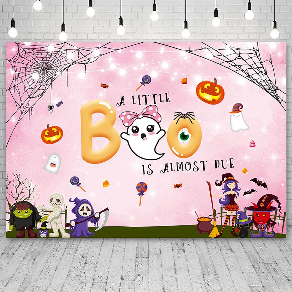 Sendy 7x5ft Halloween Baby Shower Backdrop for Girl A Little Boo is Almost Due Photography Background Ghost Spider Web Pumpkin Lamp Party Decorstions Cake Table Banner Photo Booth Supplies
