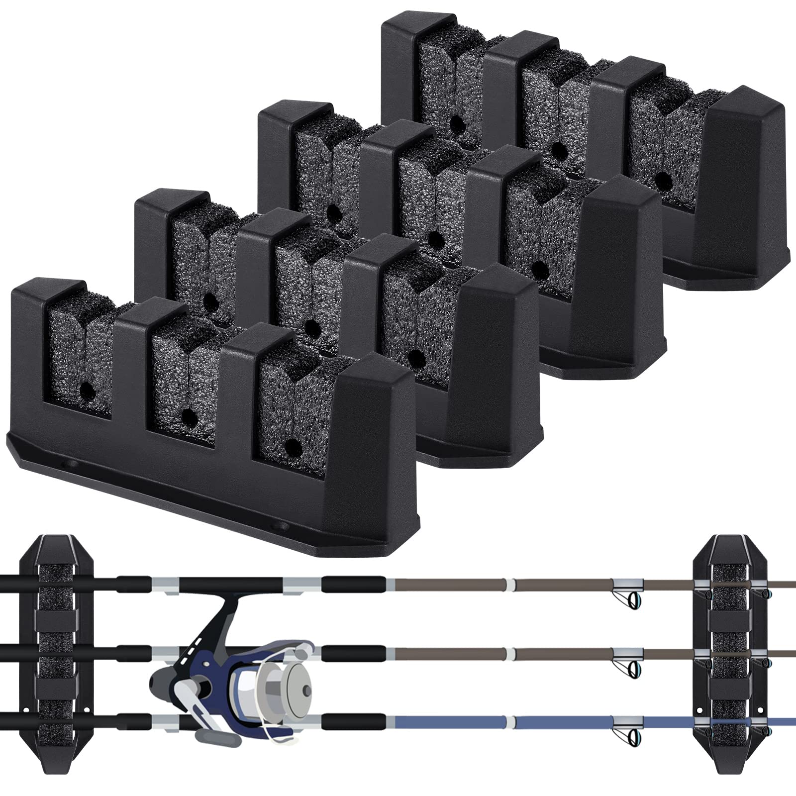 Sratte 4 Pieces Fishing Rod Holder Wall Mount Fishing Pole Holders for Boats 3 Rod Black Horizontal Garage Wall Pole Rack Summer Boat Accessories for Men Gifts, 7.8 Inch