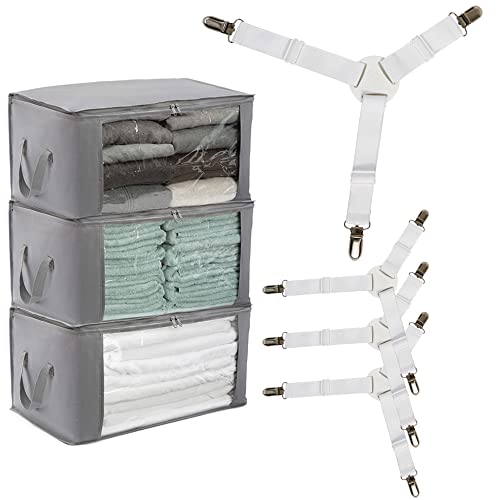 Gorilla Grip Large Clothes Storage Bag Organizer 3 Pack and Nonslip Bed Sheet Straps 4 Pack, Storage Bag Size 90L in Gray, Reinforced Handles, Sheet Straps in White, Easy Install, 2 Item Bundle