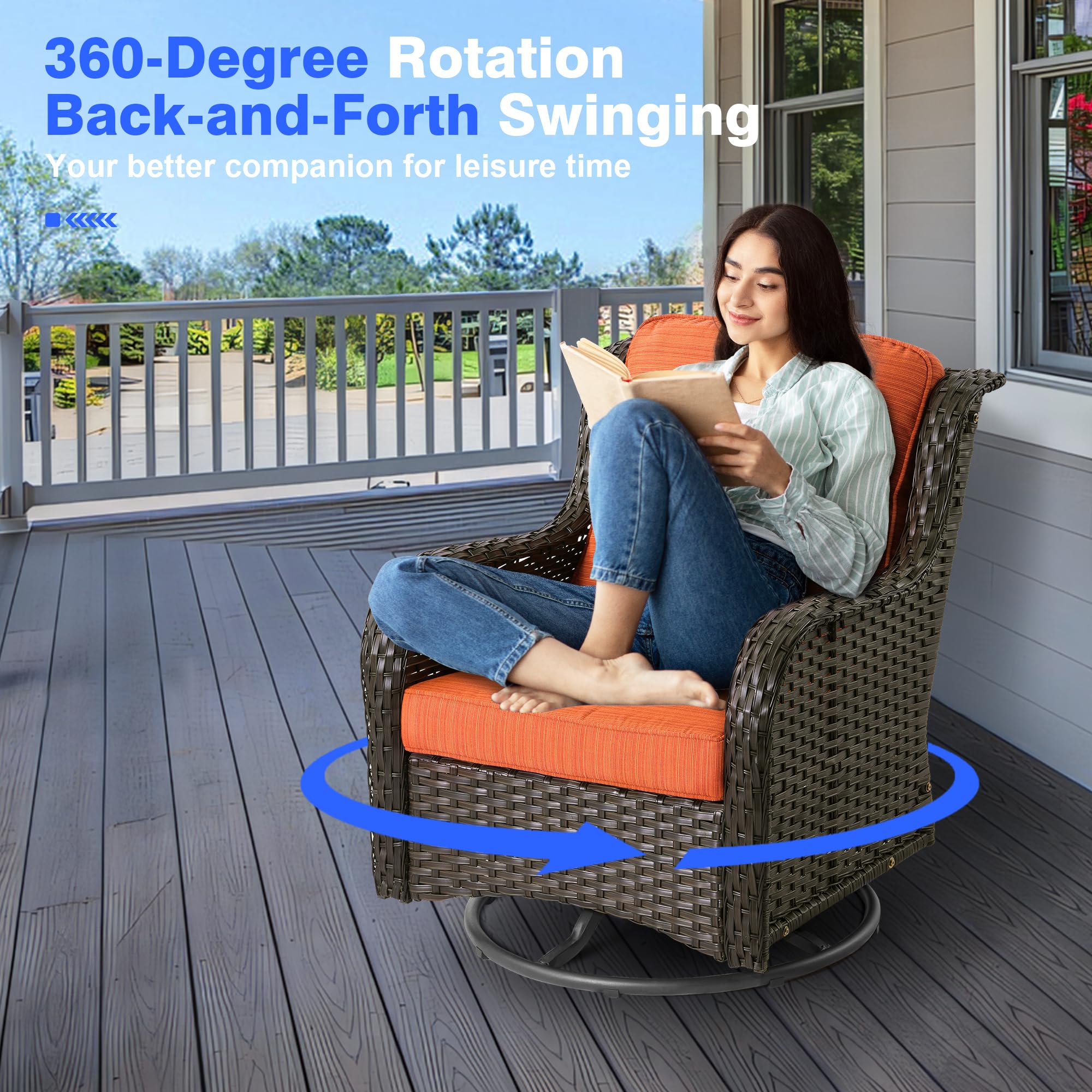 XIZZI Patio Furniture Sets Outdoor Swivel Rocking Chairs with 50,000 BTU Propane Fire Pit Table 7 Pieces All Weather PE Wicker Conversation Sofa and Matching Side Table,Brown Wicker Orange Red