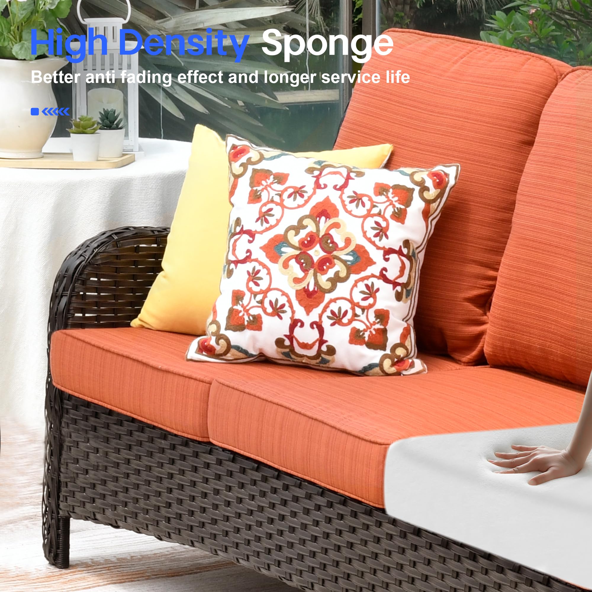 XIZZI Patio Furniture Sets Outdoor Swivel Rocking Chairs with 50,000 BTU Propane Fire Pit Table 7 Pieces All Weather PE Wicker Conversation Sofa and Matching Side Table,Brown Wicker Orange Red