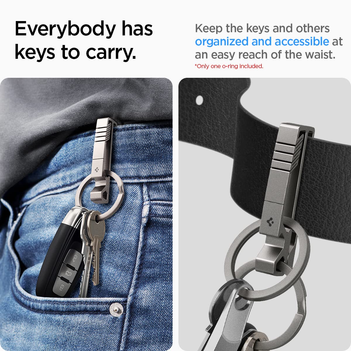 Spigen Life Metal Fit Titanium Belt Loop Key Ring Clip Holder, Car Keychain Key Clip for Belt, Bottle Opener Key Chain Ring for Men and Women - Gunmetal
