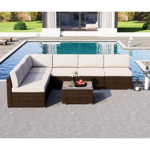 HOMPUS 7-Piece Outdoor Handwoven PE Rattan Wicker L-Shaped Corner Conversation Set Furniture Brown Patio Sectional Sofa Set w Beige Seat Cushions, Glass Coffee Table for Garden,Yard,Pool