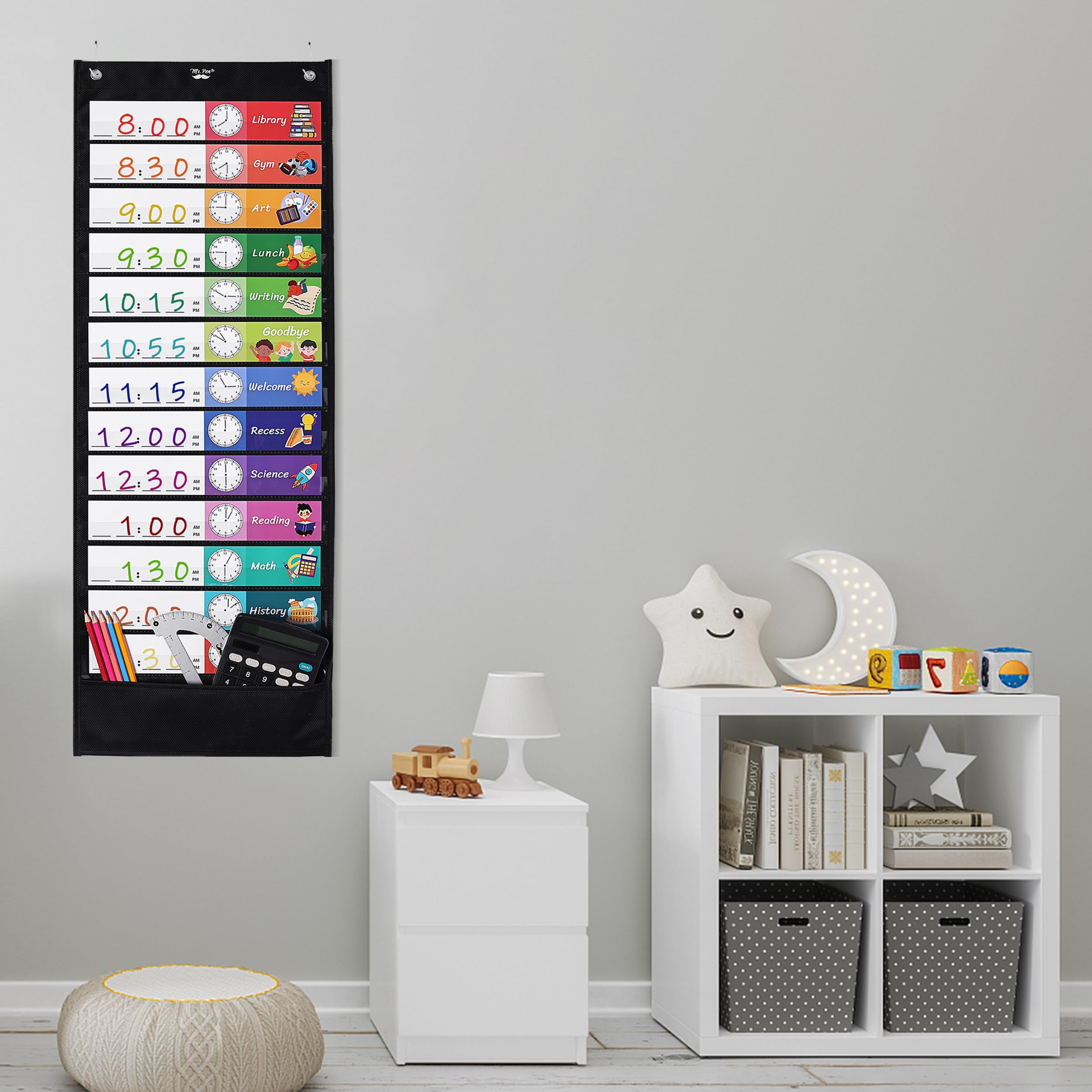 Mr. Pen- Daily Schedule Pocket Charts, 13+1 Pocket, 26 Double Sided Reusable Cards(13 Colored+13 Blanked), 12.8”x35” Pocket Chart for Classroom, Classroom Pocket Chart, Classroom Schedule Pocket Chart