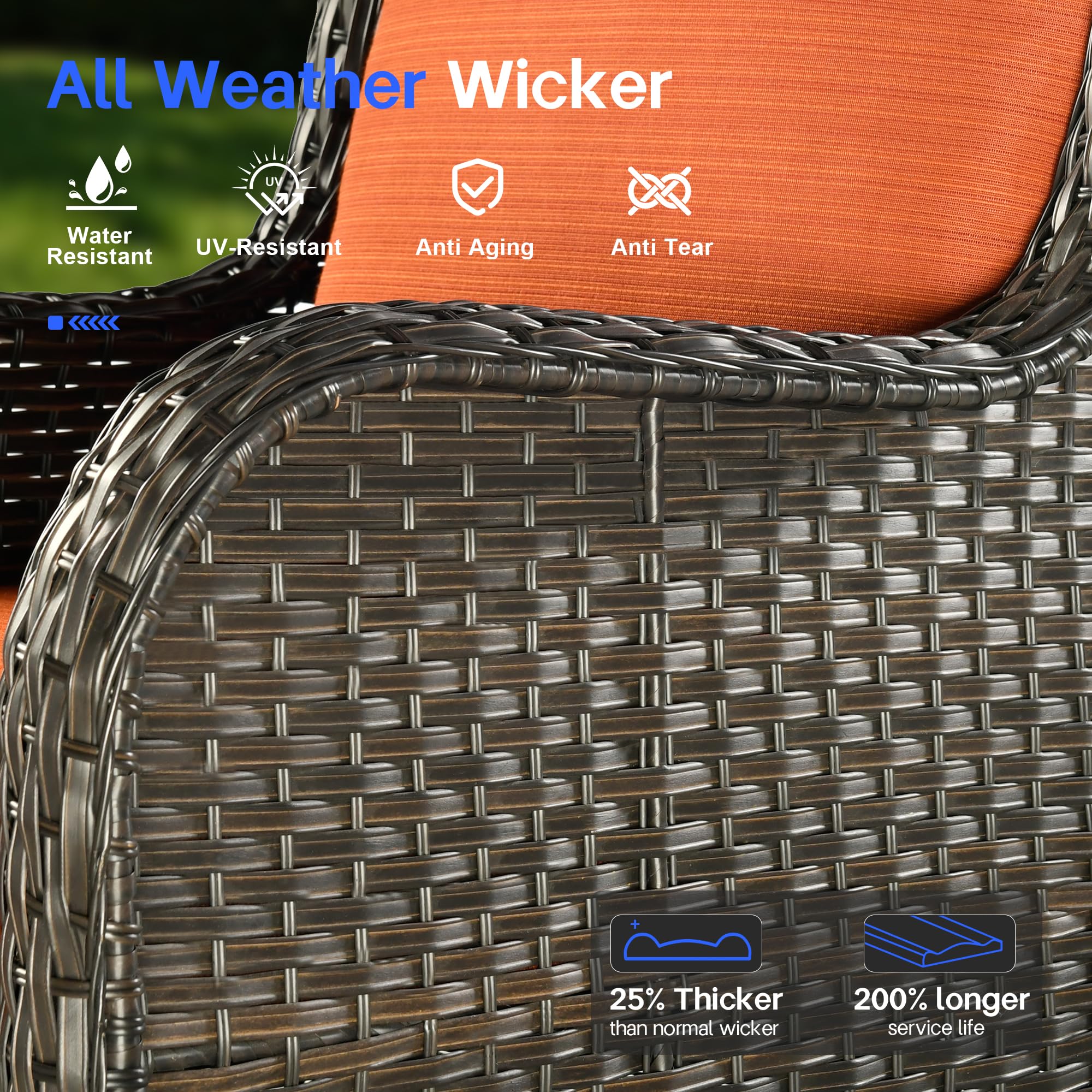 XIZZI Patio Furniture Sets Outdoor Swivel Rocking Chairs with 50,000 BTU Propane Fire Pit Table 7 Pieces All Weather PE Wicker Conversation Sofa and Matching Side Table,Brown Wicker Orange Red