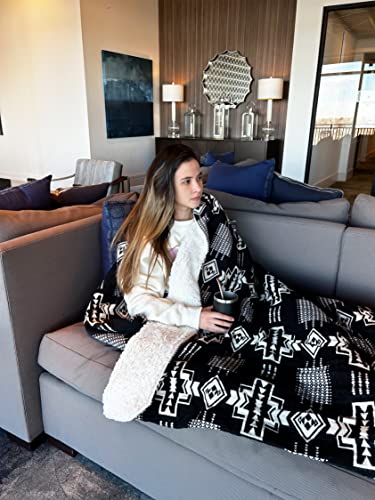 Inca Aztec Sherpa Weighted Warm Blanket | Southwest Indian Navajo Boho Style | Native Woven Western Cozy Bedding Cover | Plush Faux Alpaca | Luxurious Winter Blanket (Obsidian Black)